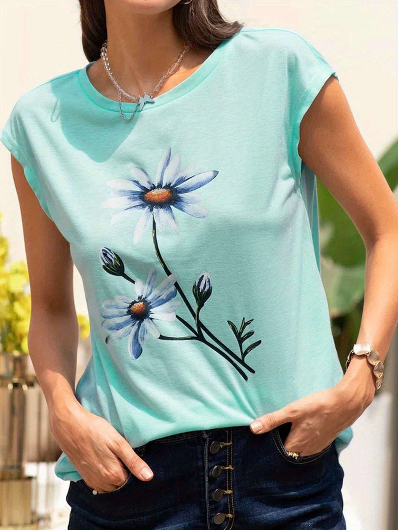 plus size casual t shirt women's plus floral print cap - Temu Canada