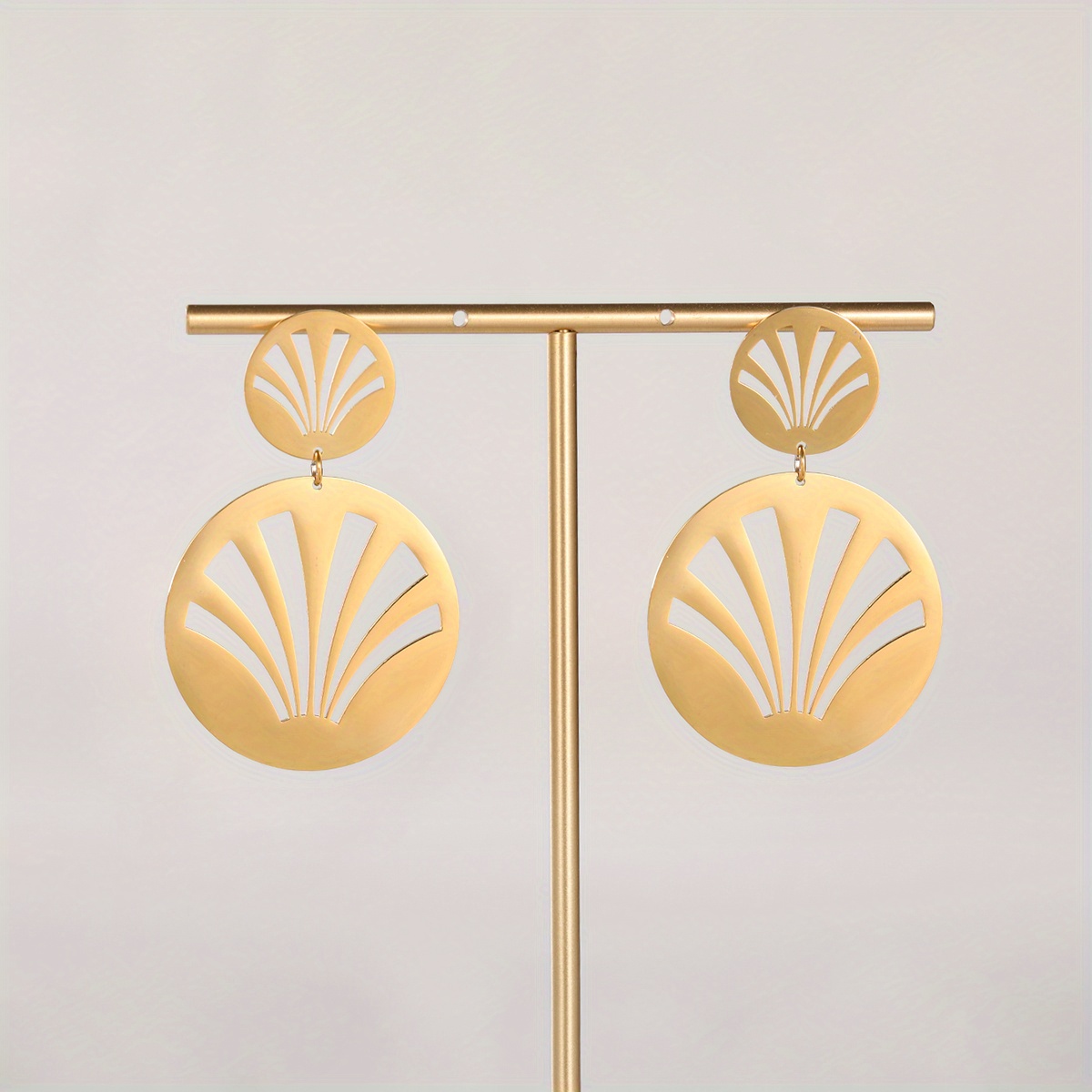 Golden Silvery Round Dangle Earrings Elegant Minimalist Style Stainless ...