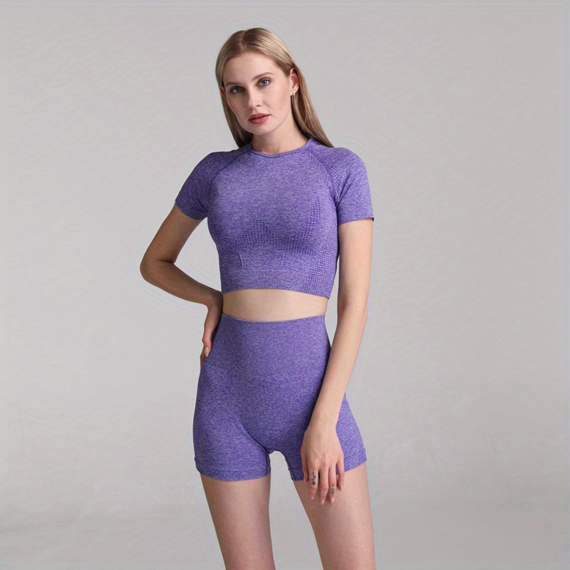 Solid Workout Sets Round Neck Yoga Crop Short Sleeves High - Temu Canada