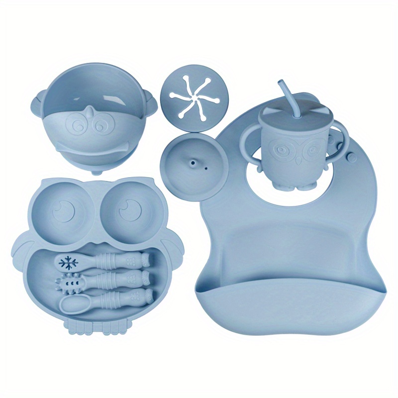 Baby Led Weaning Food Set Silicone Bib Bowl Sippy Cup Snack Lid Divided ...