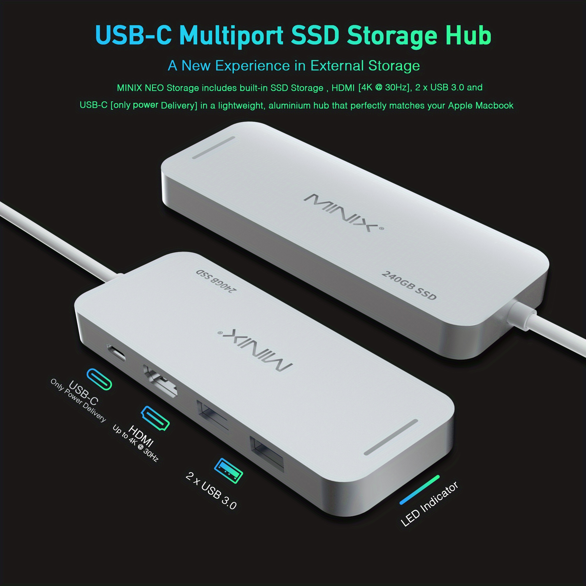 Minix Neo 스토리지 240gb 알루미늄 Usb C 멀티포트 Ssd 스토리지 허브 4k 30hz 가 있는 내장형