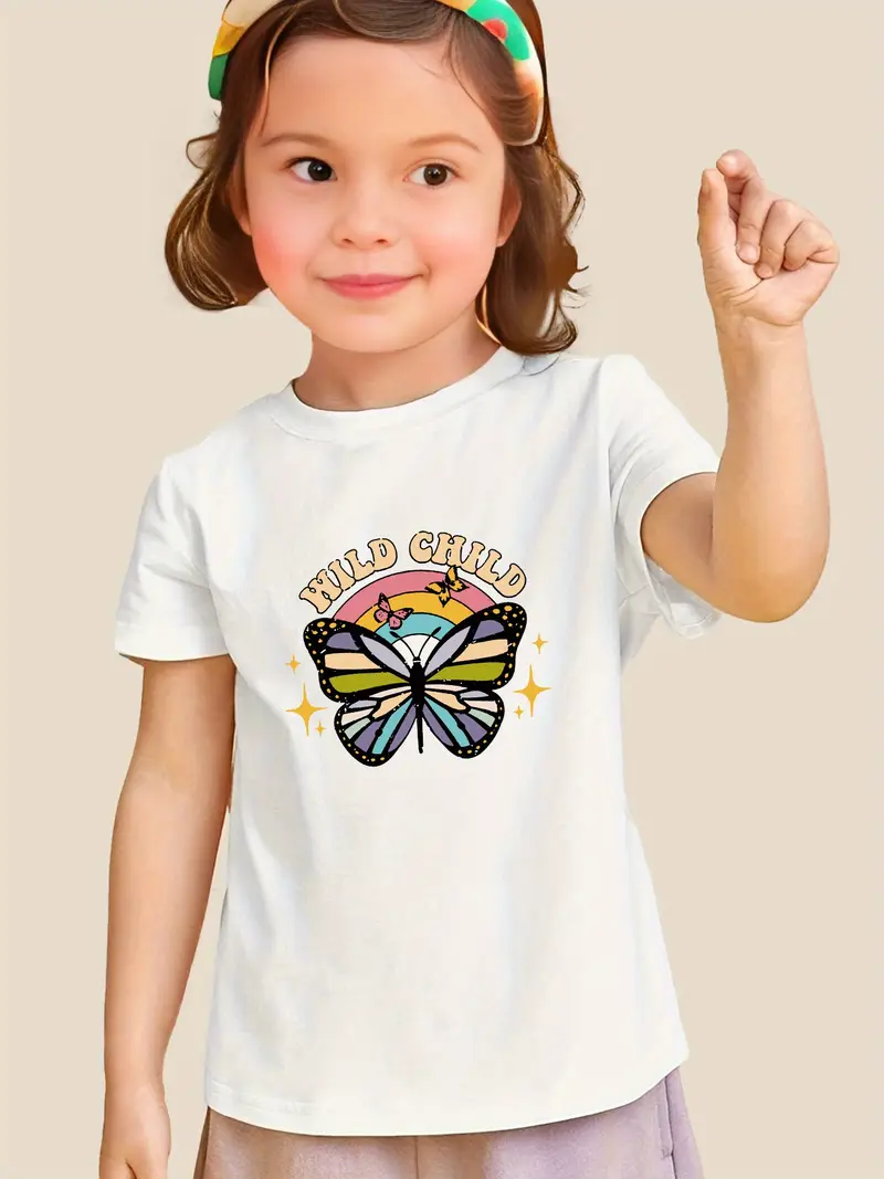 Girls Short Sleeve Cotton T Shirt Butterfly Graphic Crew Temu Norway