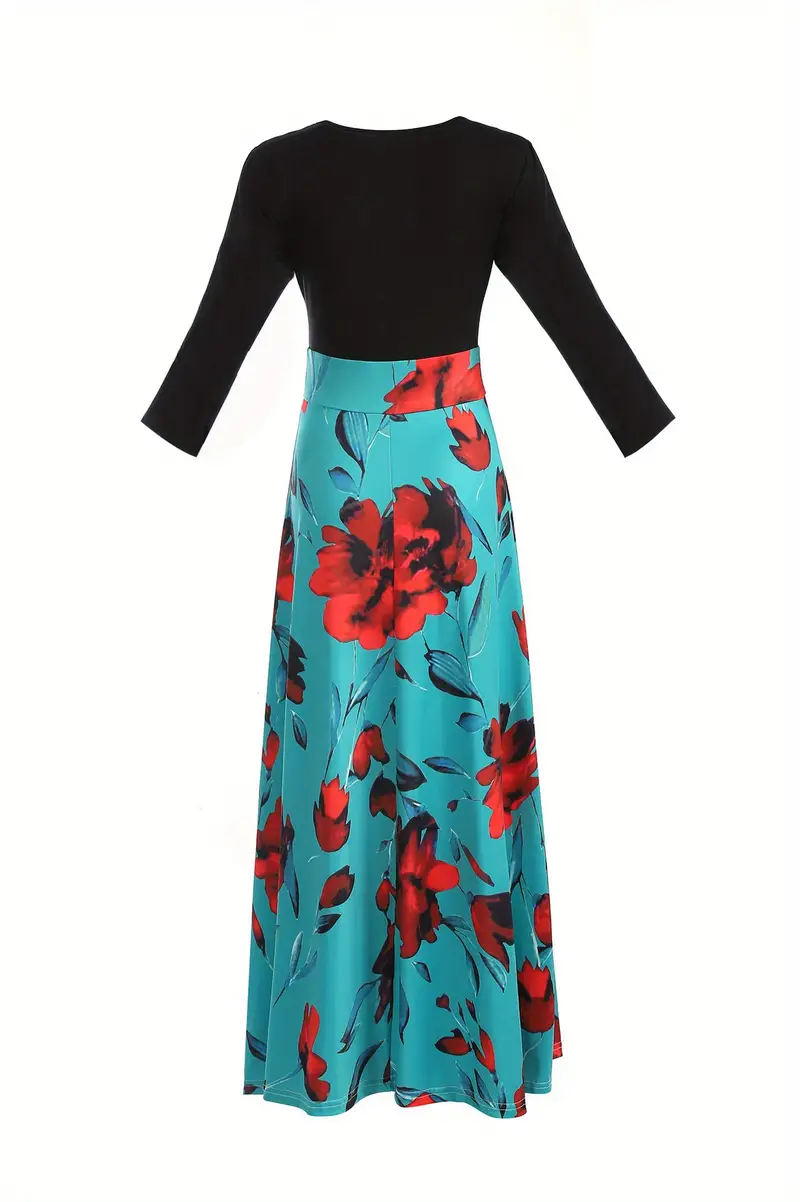 Floral Print Splicing Dress Boho Crew Neck Long Sleeve Maxi Temu