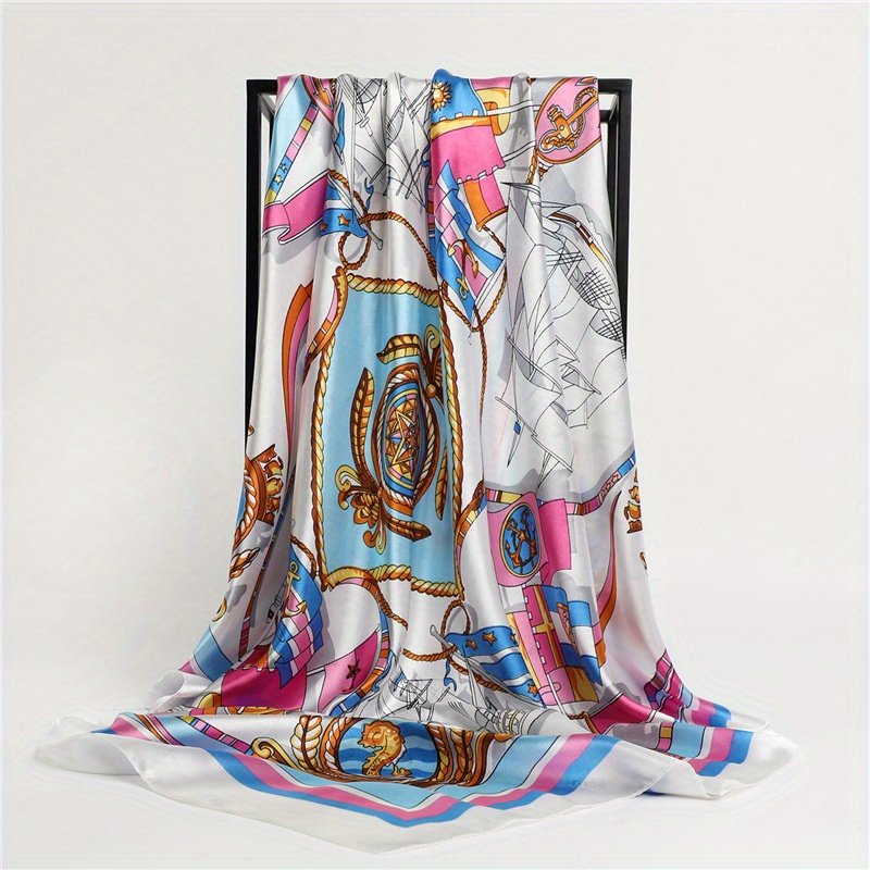 35 4 Sailboat Print Square Scarf Classic Satin Shawl Imitation Silk ...