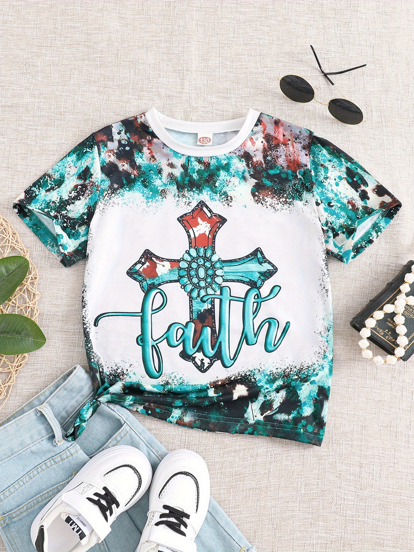 Girls Cross Letter "faith" Graphic T shirt Casual Round Neck - Temu New ...
