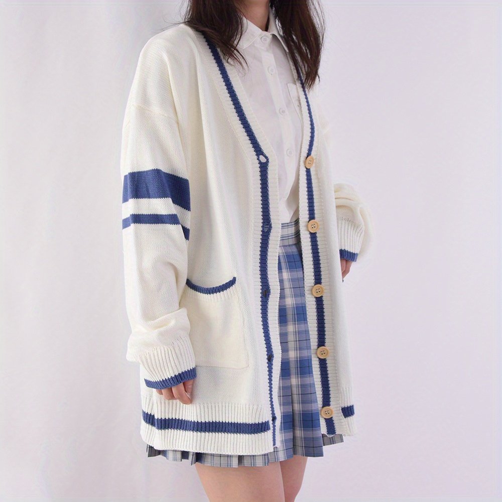 Button Front Kawaii Knit Cardigan Preppy V Neck Open Front - Temu ...