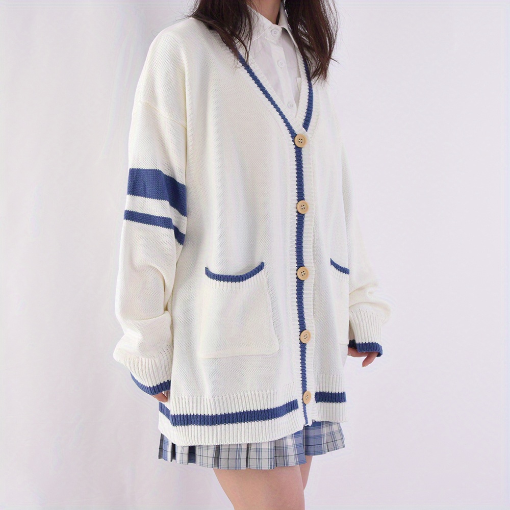 Button Front Kawaii Knit Cardigan Preppy V Neck Open Front - Temu