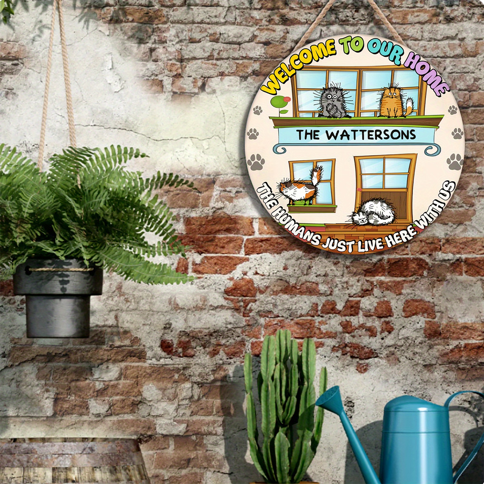 1pc funny cat round wooden sign cats live here with their household ...