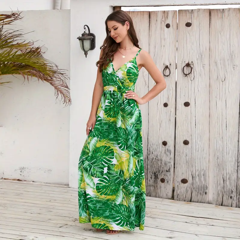Tropical Print Cami Dress Boho Surplice Neck Sleeveless Maxi Temu New