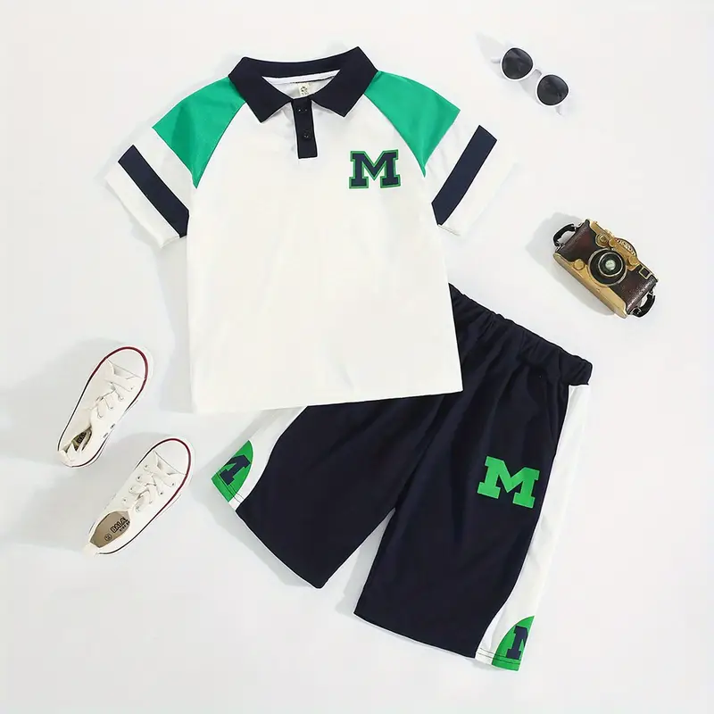 ボーイズカラーブロック 「m」レターシャツ スポーツショーツセット2枚 カジュアルで快適な半袖トップとパンツ 夏用子供用 Temu Japan