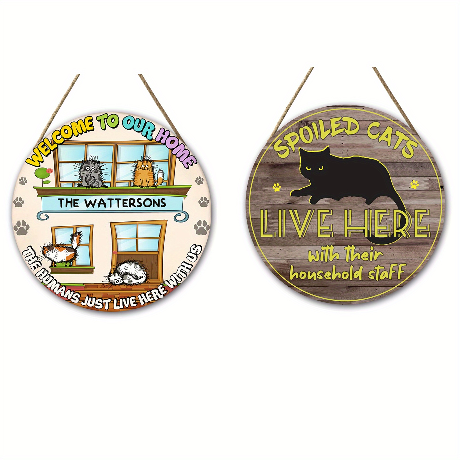 1pc funny cat round wooden sign cats live here with their household ...