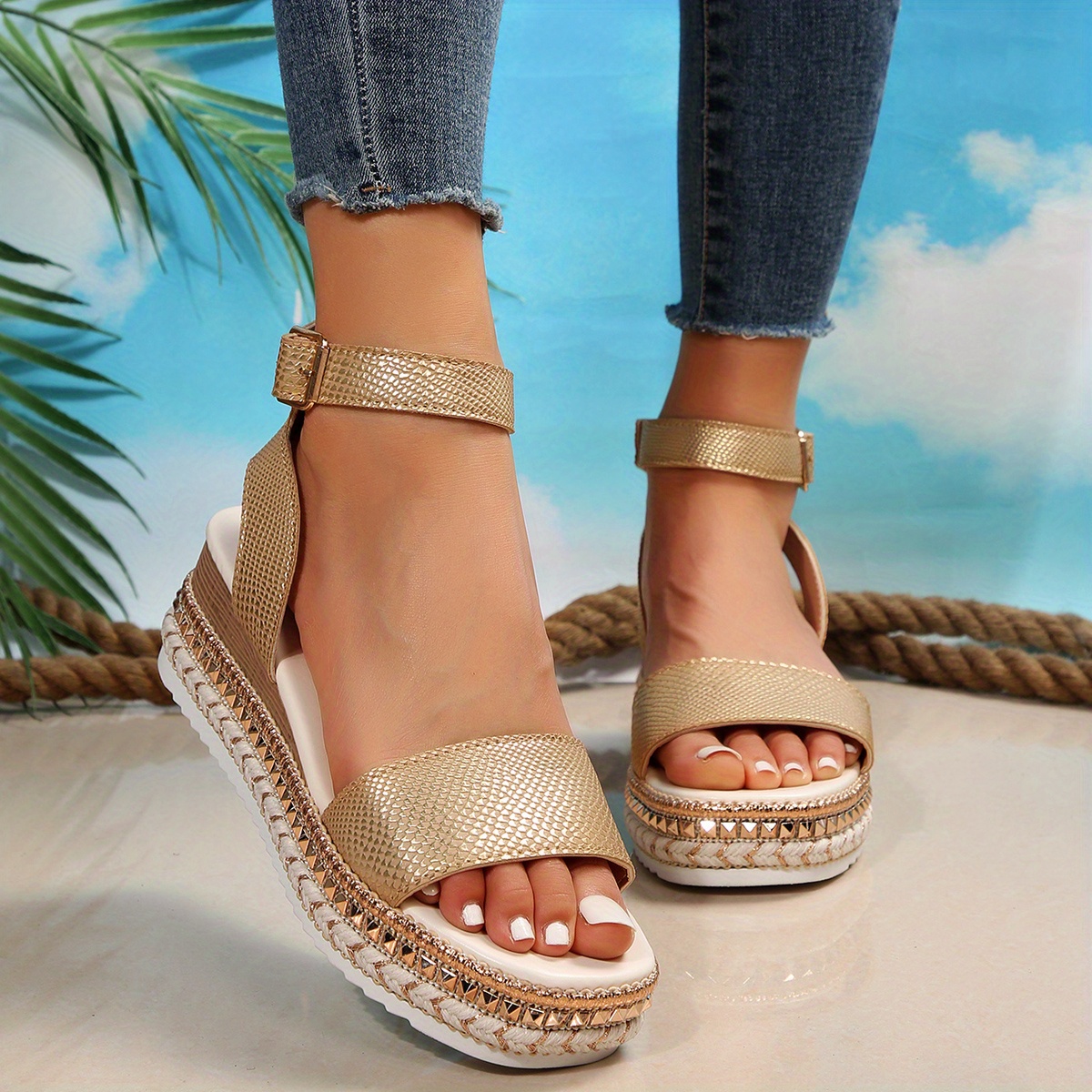 women's platform espadrille sandals studded open toe ankle - {region_name}