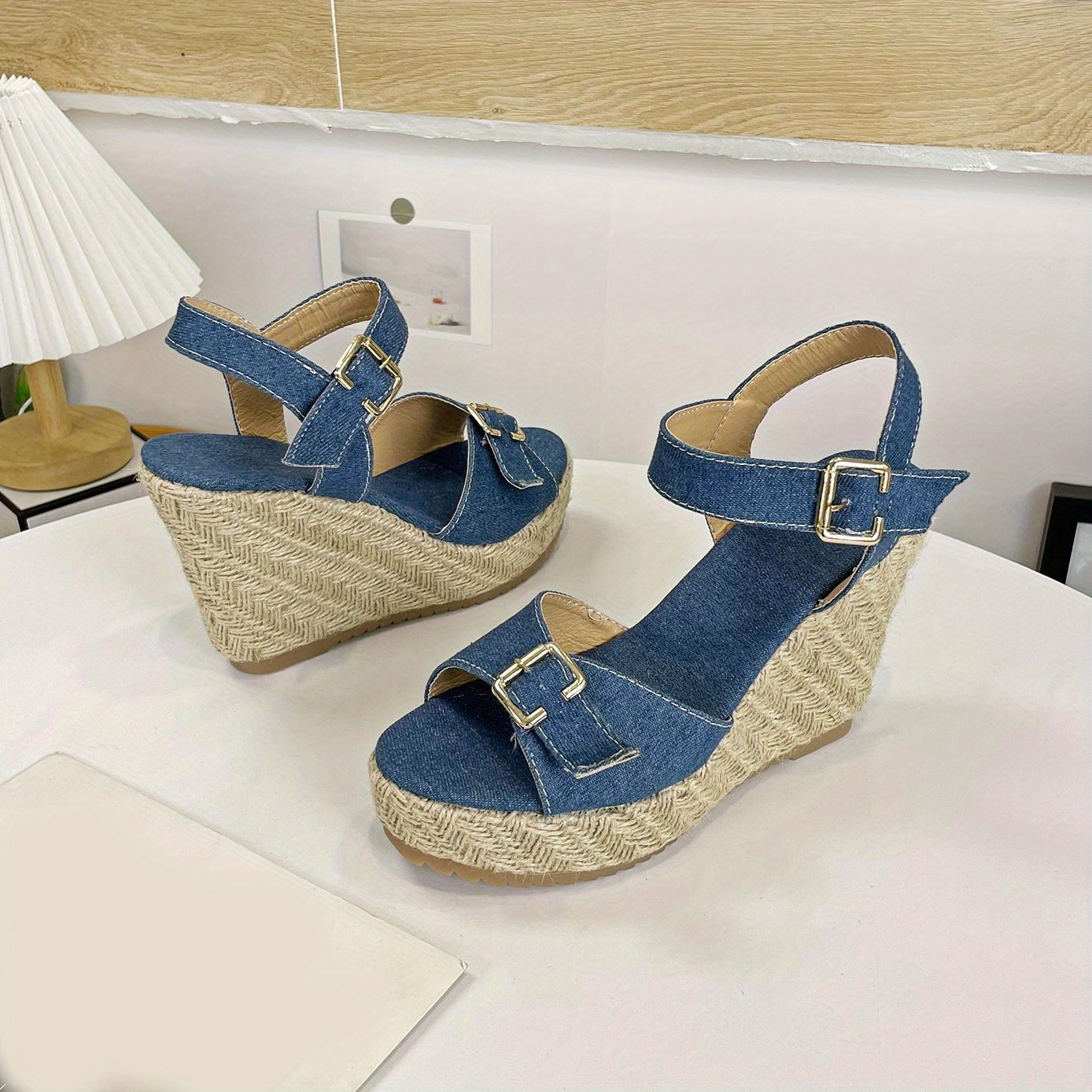 Women's Classic Denim Wedge Sandals Casual Buckle Strap Platform ...