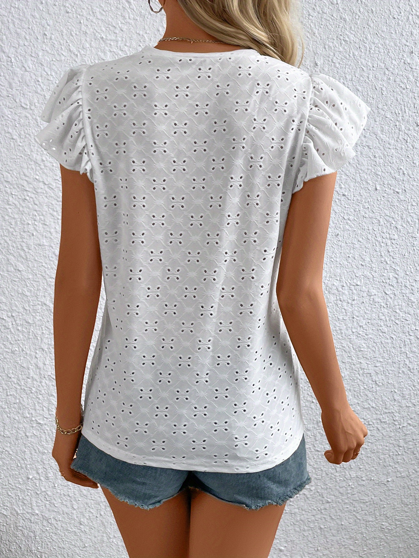 Solid Eyelet Ruffle Trim Blouse Elegant Crew Neck Simple Temu Ireland