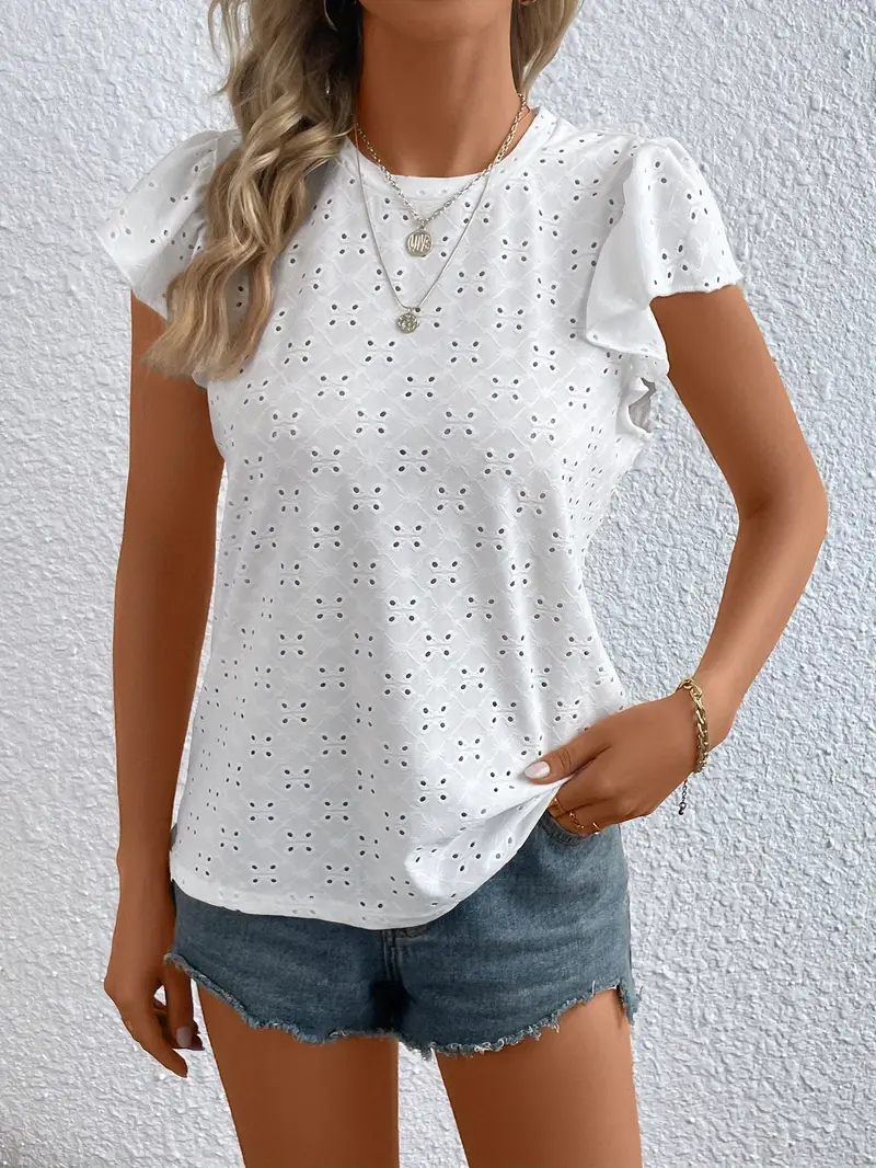 Solid Eyelet Ruffle Trim Blouse Elegant Crew Neck Simple Temu