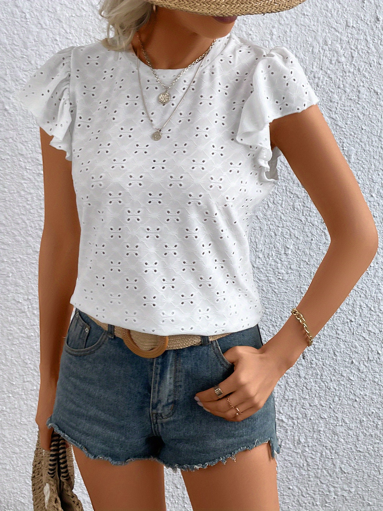 Solid Eyelet Ruffle Trim Blouse Elegant Crew Neck Simple Temu