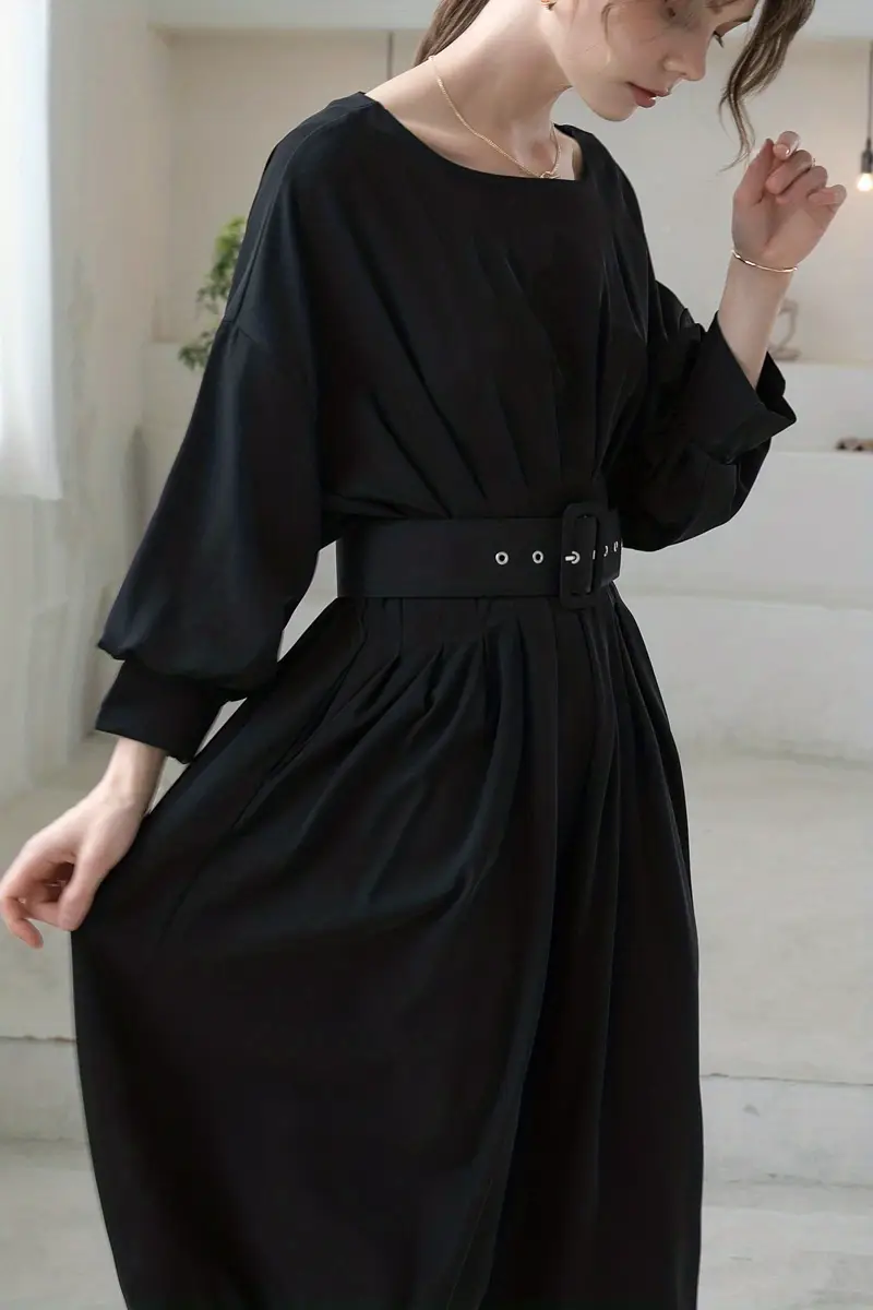 Solid Versatile Dress Elegant Crew Neck Lantern Sleeve Midi Temu New