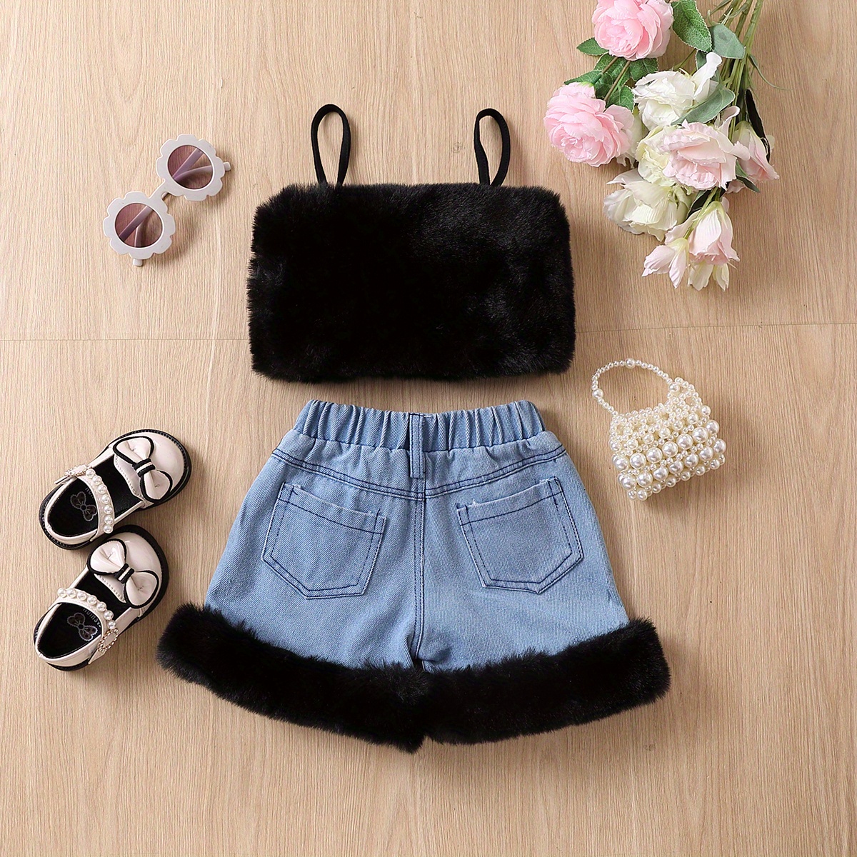 Girls Short Sets Cute Artificial Fox Furs Cami Crop Top - Temu Norway