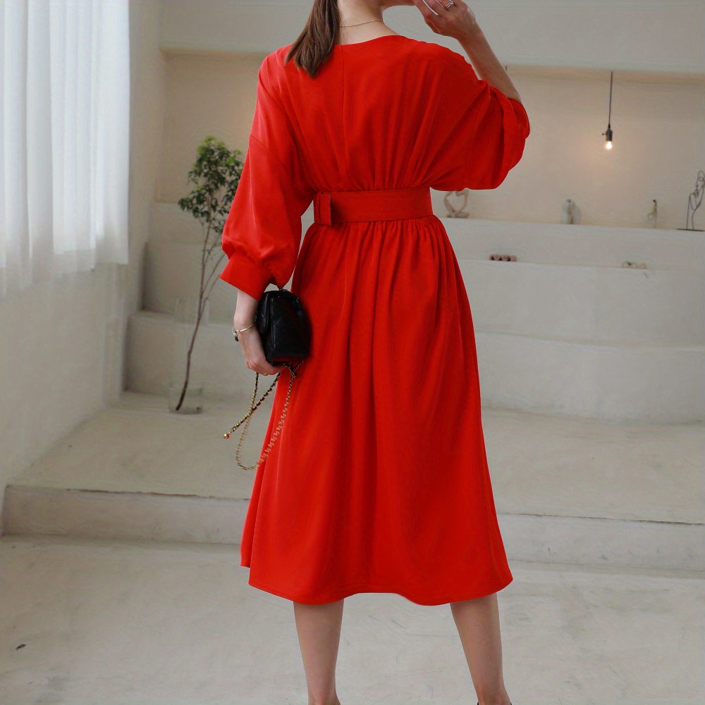 Solid Versatile Dress Elegant Crew Neck Lantern Sleeve Midi Temu