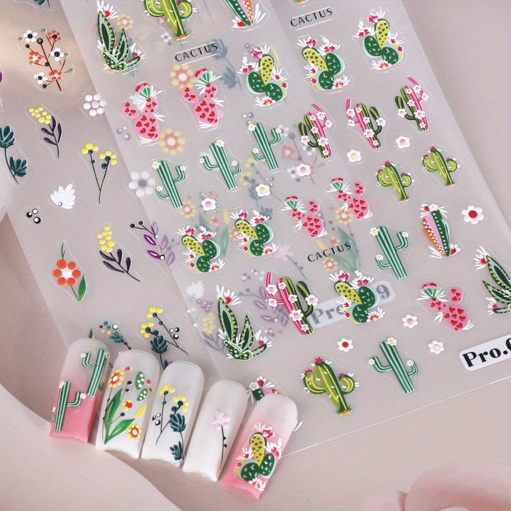 5d Embossed Flower Leaves Cactus Nail Art Stickers Decals 5d - Temu