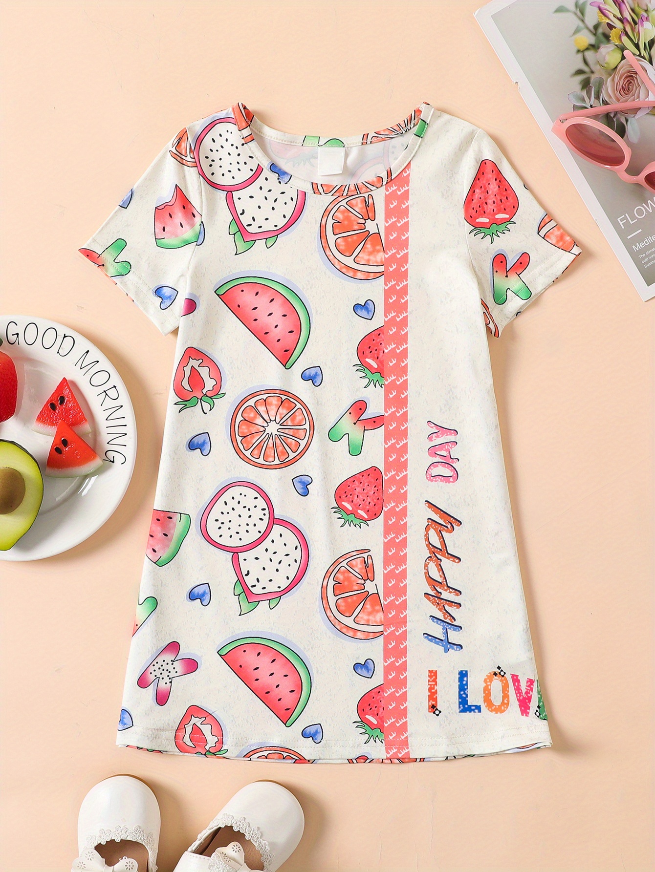 girls cartoon fruit graphic cute short sleeve dresses kids - Temu Norway