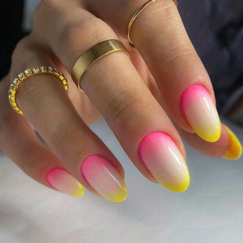 Y2k French Tip Nails Pink Yellow Gradient Almond Press - Temu United ...