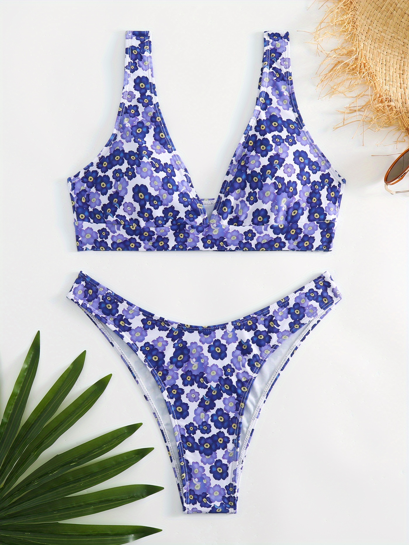 Floral Print Purple Deep V Neck Bikini High Cut Stretchy - Temu Australia