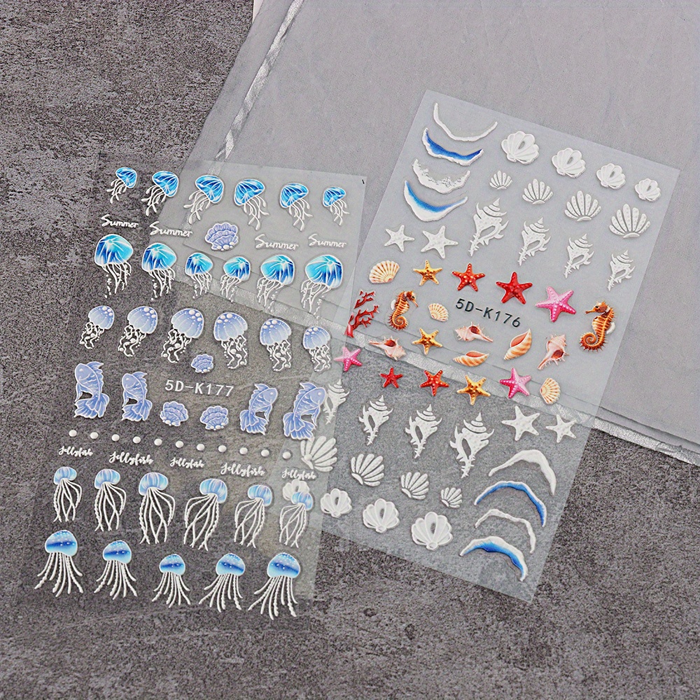 5d Jellyfish Sea Animal Design Nail Stickers Wave Design - Temu Portugal