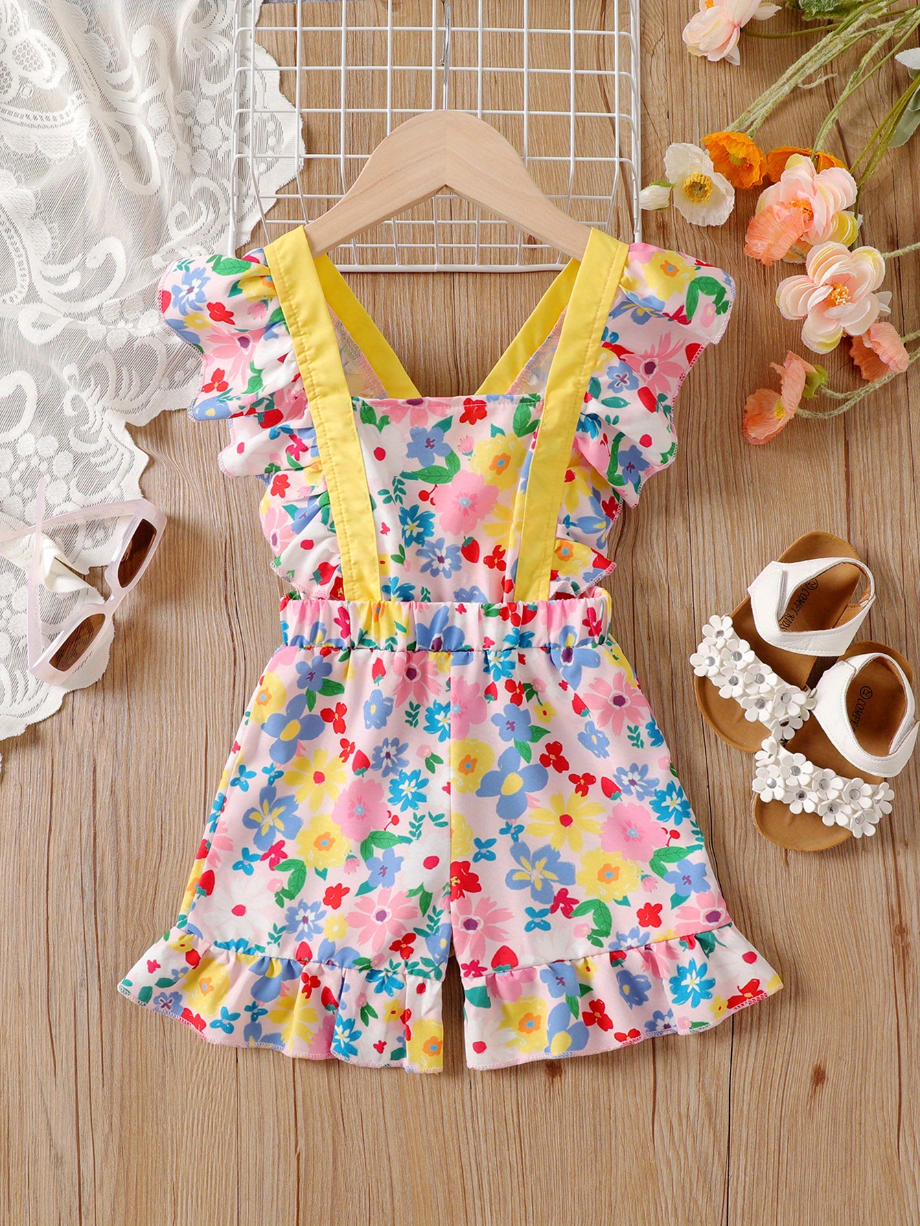 Girls Floral Print Ruffle Trim Cut Romper Preschoolers Etc - Temu New ...
