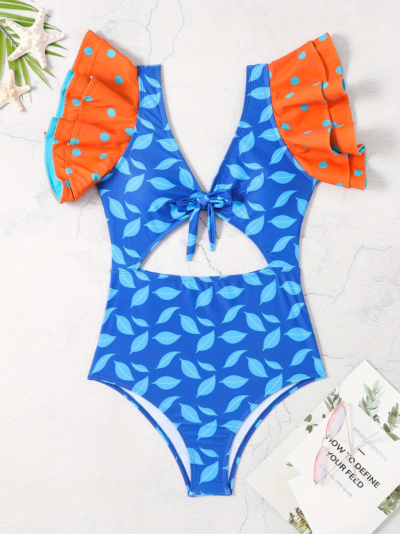 Ruffle Trim Sleeve Cut Knot Front Swimsuit V Neck - Temu South Africa