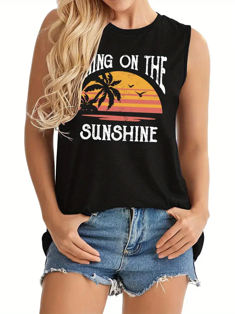 Letter Sunset Print Top Casual Crew Neck Summer Temu Netherlands