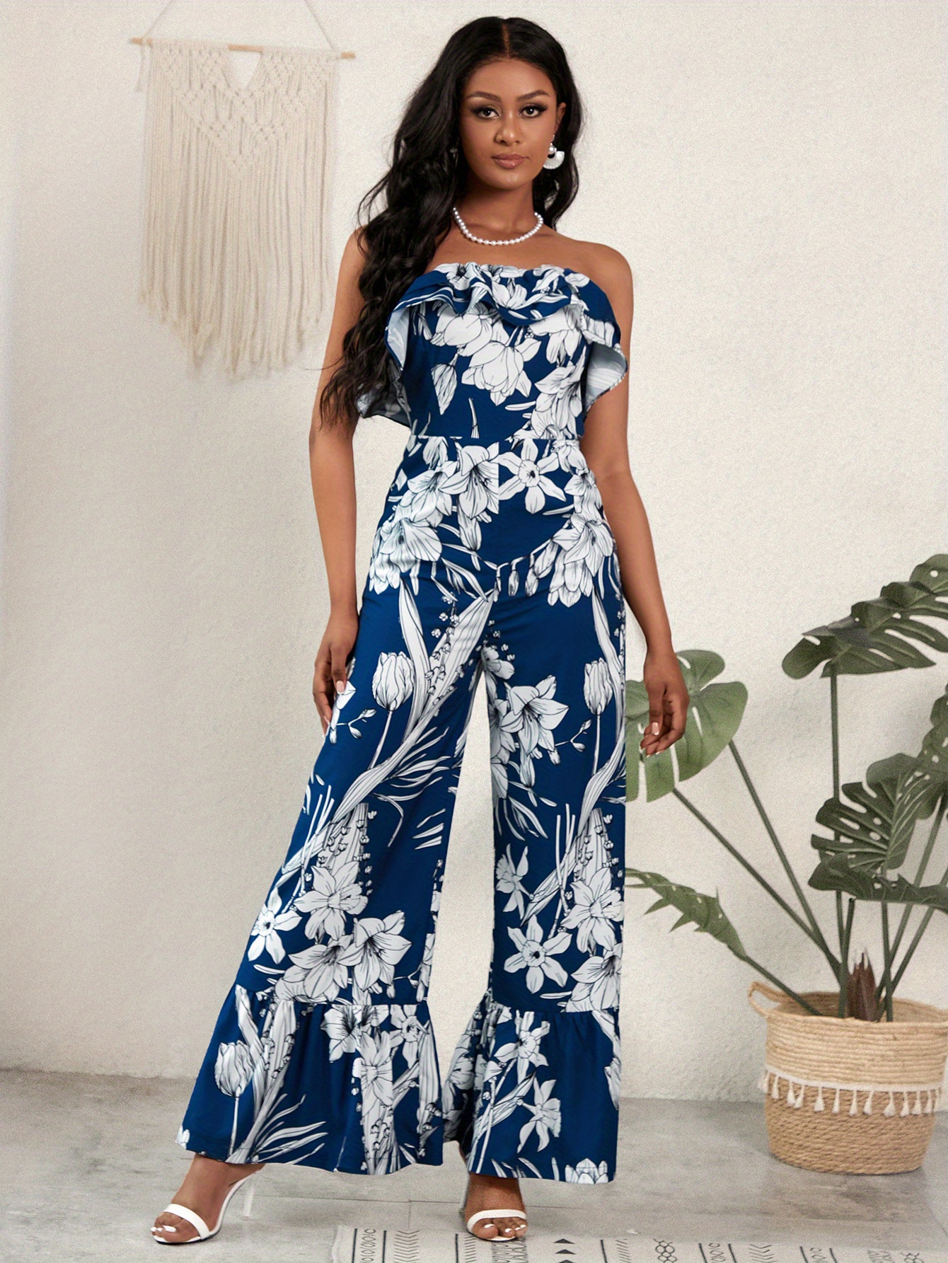 Floral Print Shoulder Jumpsuit Vacation Wide Leg High Waist - Temu ...