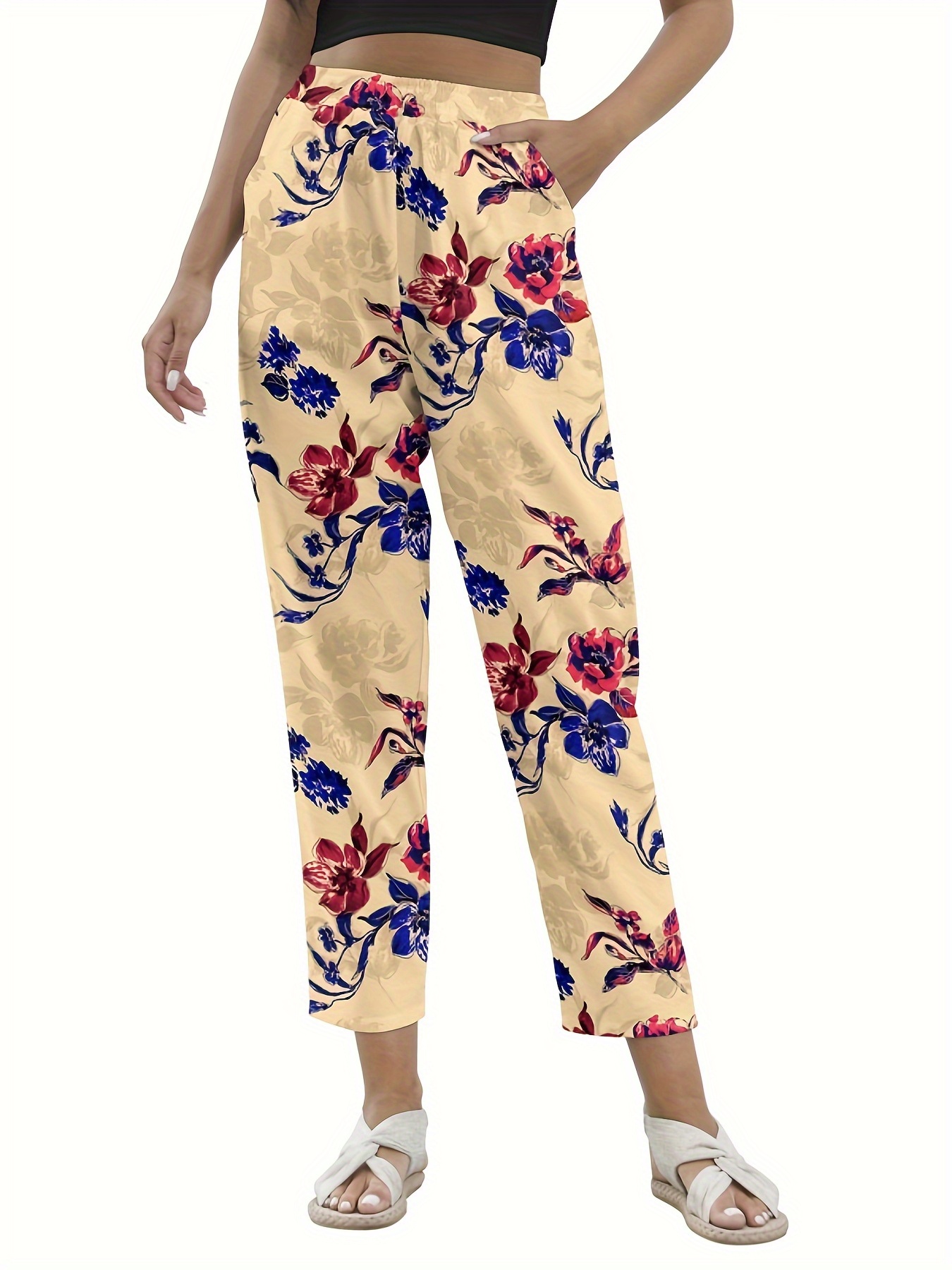 Color Block Cropped Pants Boho Elastic Waist Summer Pants - Temu Australia