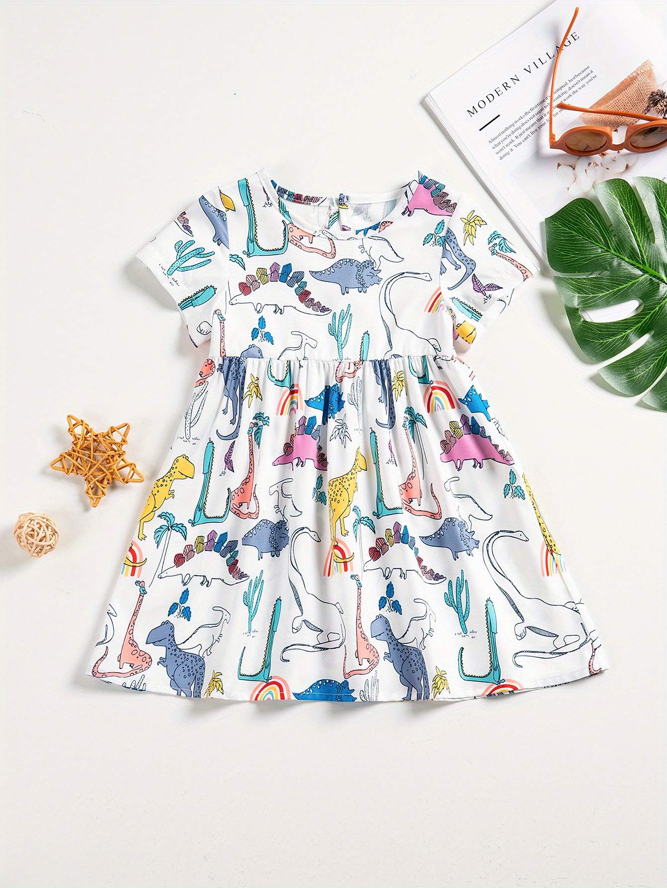 Toddler Girls Cute Dress Cartoon Dinosaur Print Short Sleeve - Temu ...