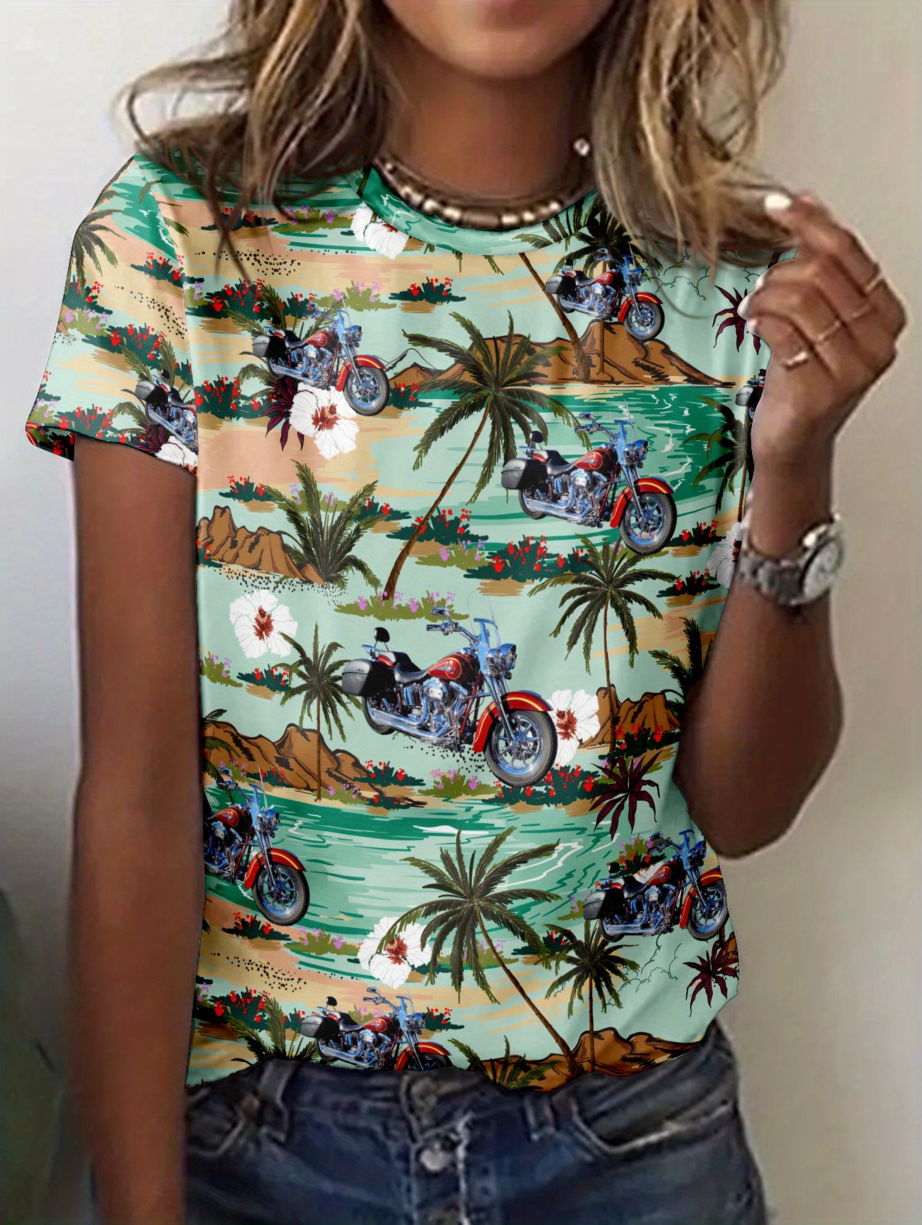 motorcycle coconut tree print tee short sleeve crew neck - Temu Australia