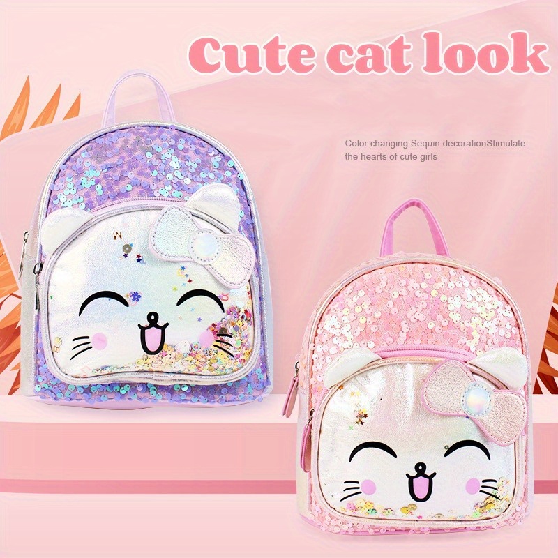 Children's Cute Cartoon Cat Sequin Backpack Waterproof Pu - Temu Australia