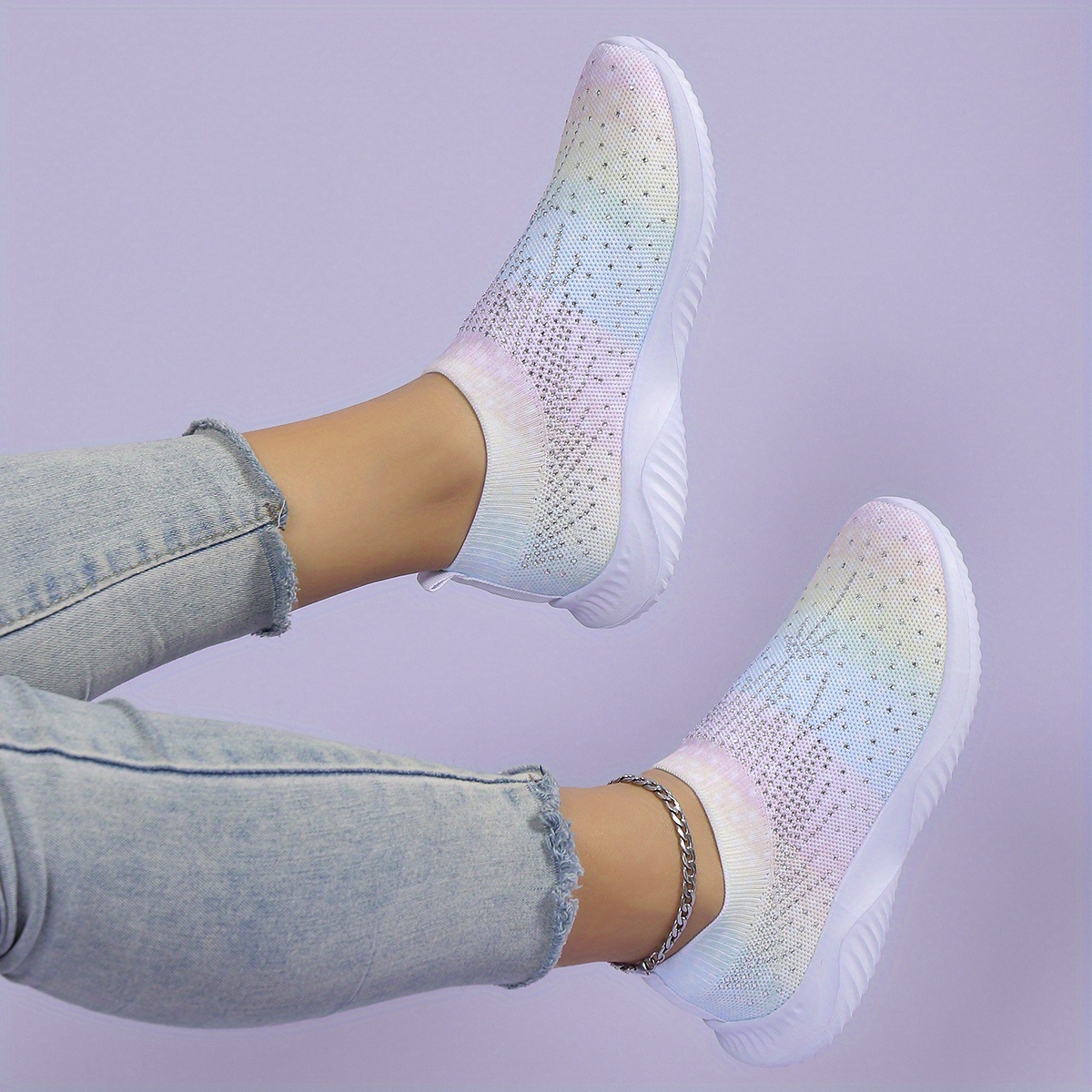 Printed Sock Sneakers Women s Rhinestone Decor Knitted Low - Temu Canada