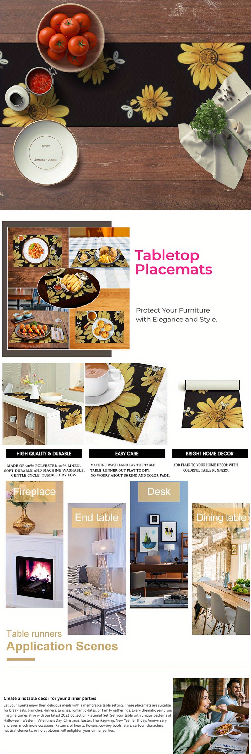 Sunflower Table Runner Linen Bee Placemat Spring/summer Home - Temu ...