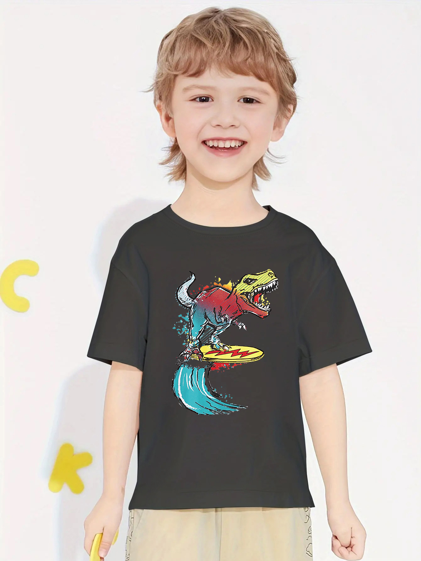 Boys Surfing Dinosaur Print T Shirt Round Neck Breathable - Temu New Zealand