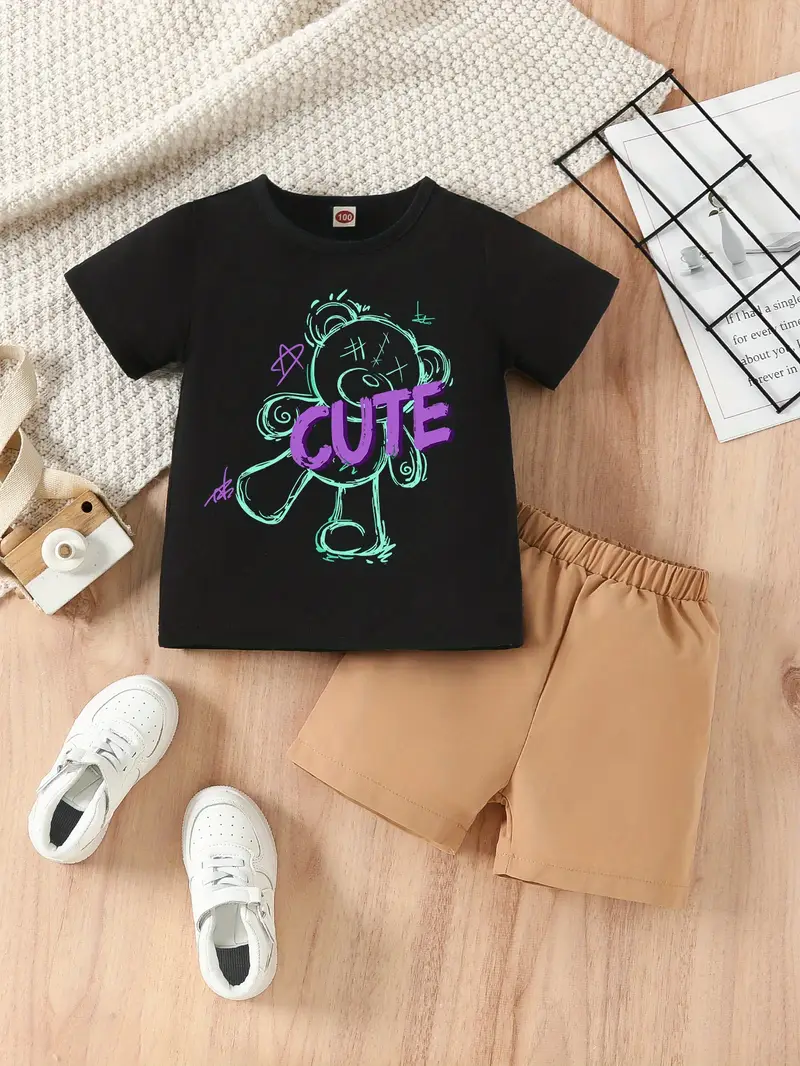 2 個ボーイズ なかわいいクマグラフィックプリント半袖 T シャツ ショーツセット 快適な夏子供服 Temu Japan