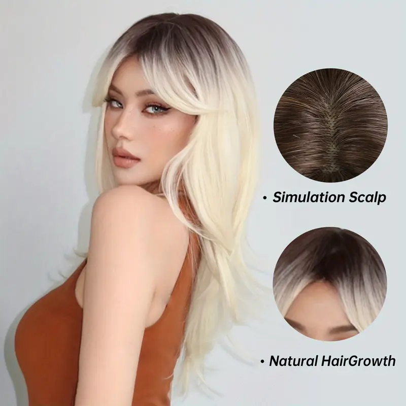 Ombre Black And Blonde Curly Wig With Bangs Long Synthetic Temu