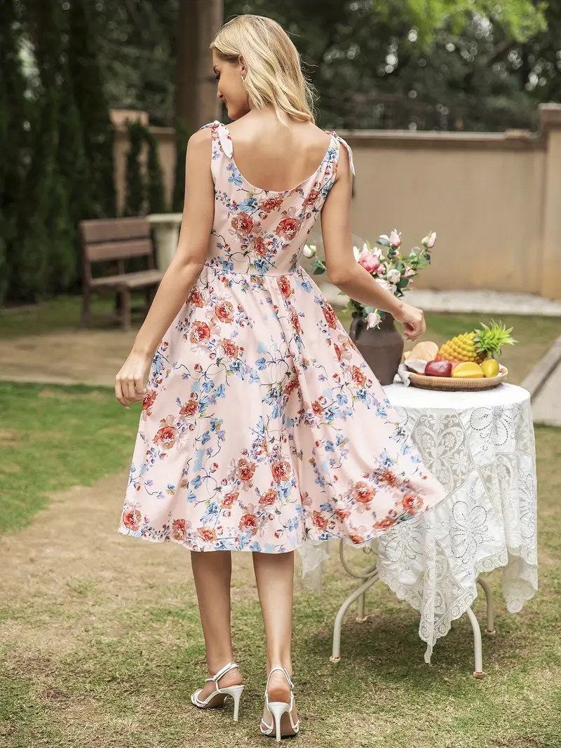 Floral Print Knotted Dress Elegant Ruched Sleeveless Midi Regionname