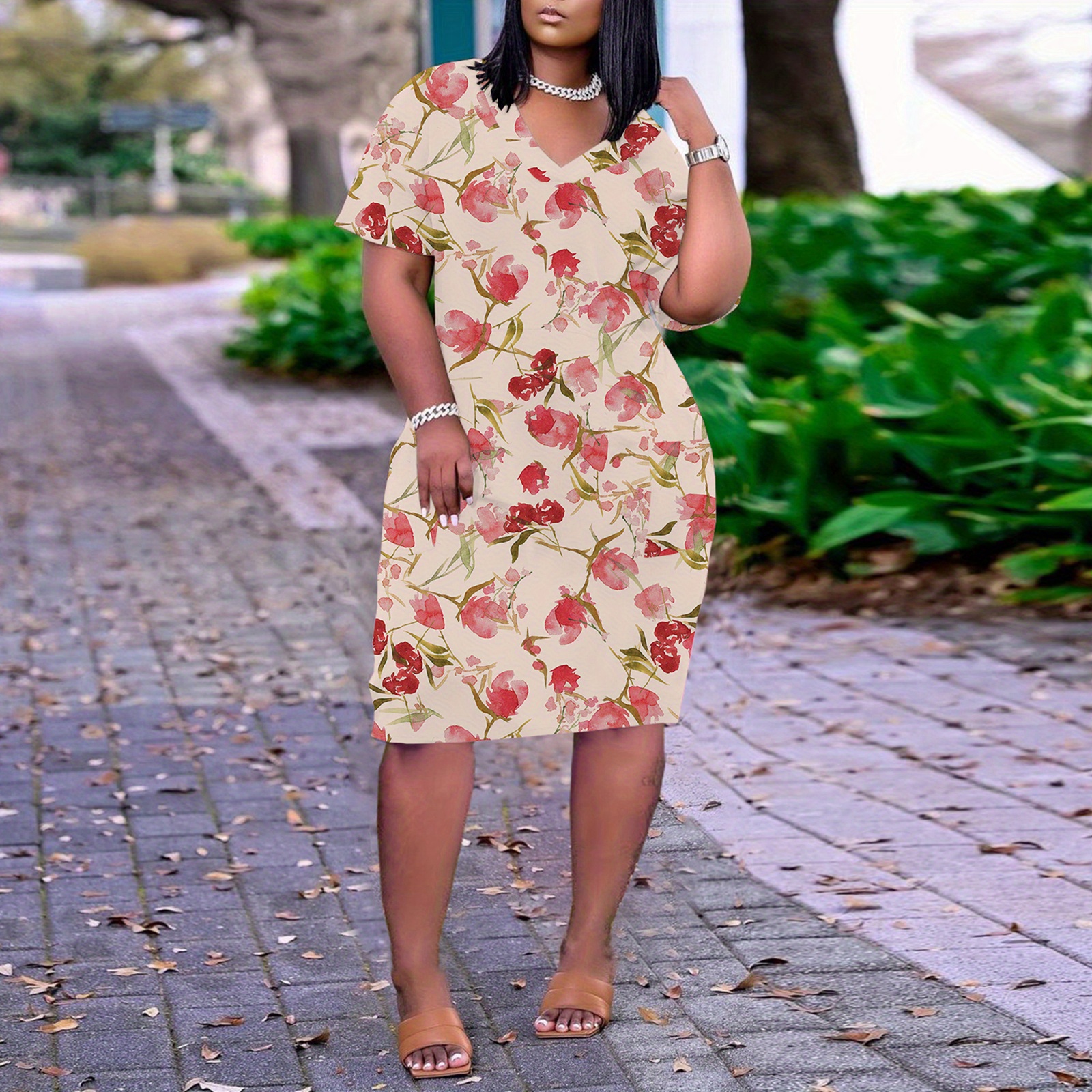 Plus Size Casual Dress Women's Plus Floral Print Short - Temu Canada