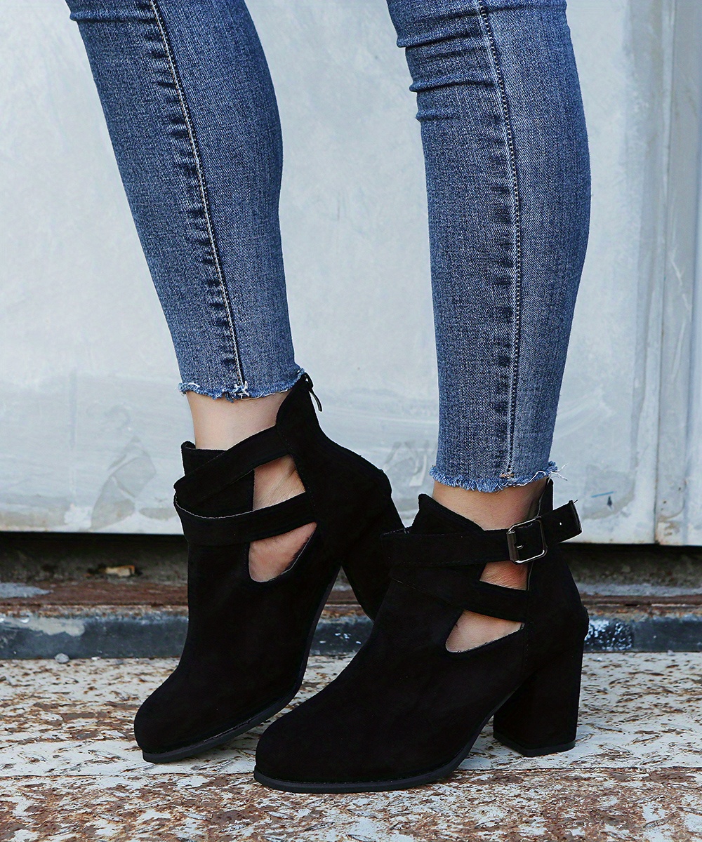 Women's Block Heeled Ankle Boots Comfy Strap Back - Temu