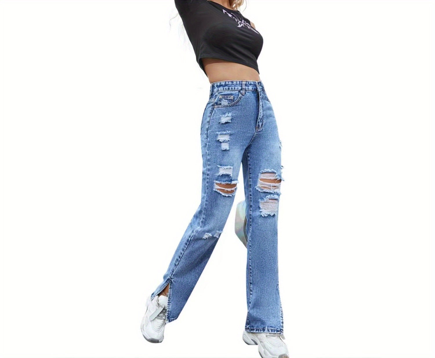 Ripped Side Split Denim Pants Washed Blue Comfy - Temu Netherlands