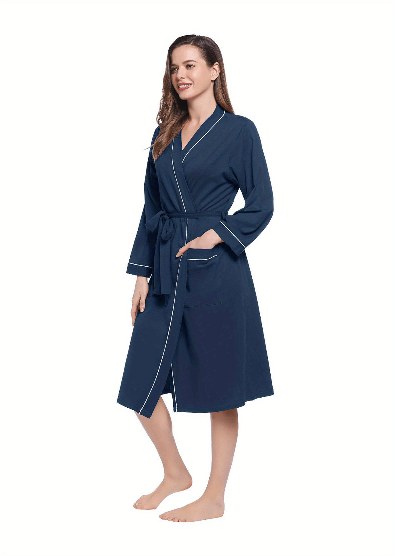Simple Solid Night Robe Long Sleeve V Neck Robe Belt Pockets - Temu ...