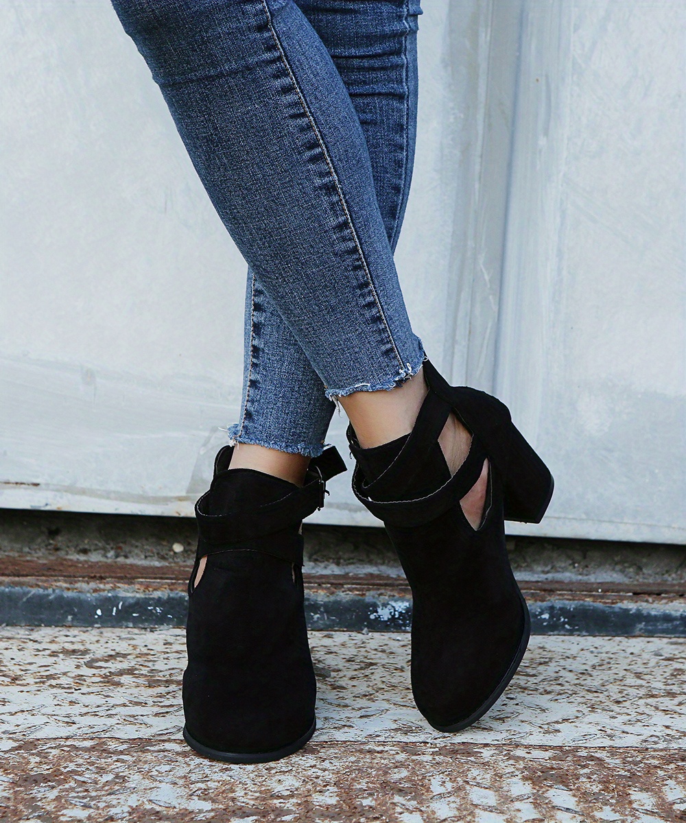 Women's Block Heeled Ankle Boots Comfy Strap Back - Temu