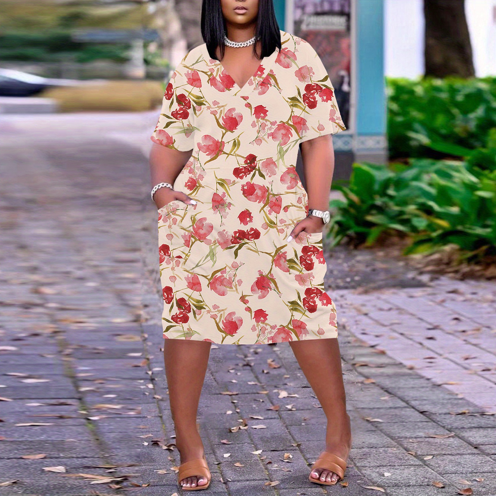 Plus Size Casual Dress Women's Plus Floral Print Short - Temu Canada