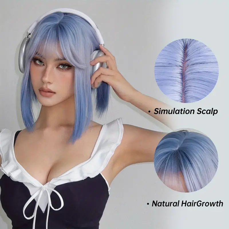 Short Bobo Soft And Nature Wigs Blue Ombre White With Bangs Temu