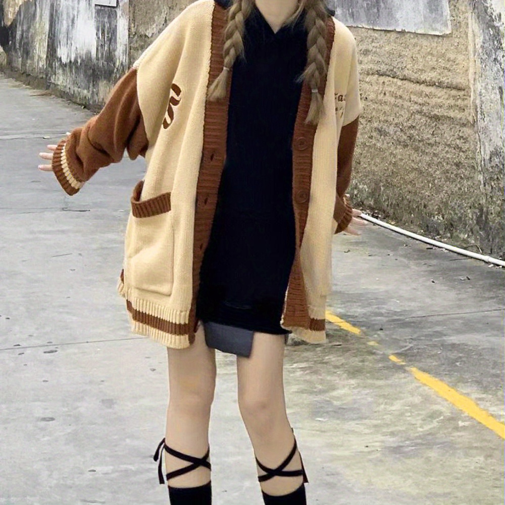 Embroidered Color Block Drop Shoulder Cardigan Preppy Long - Temu